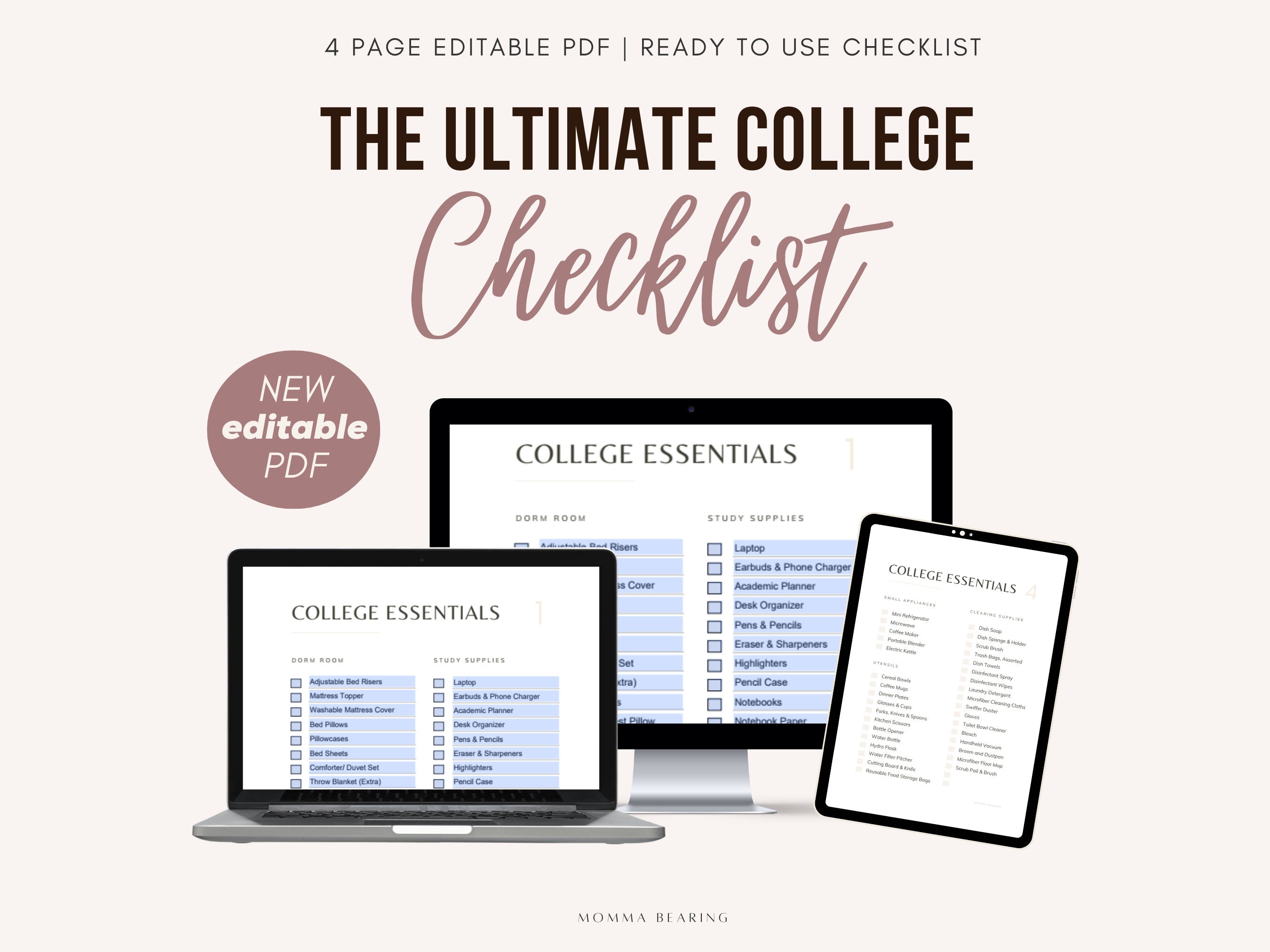 Editable College Essentials Checklist, Best Dorm Room Packing List A4 ...