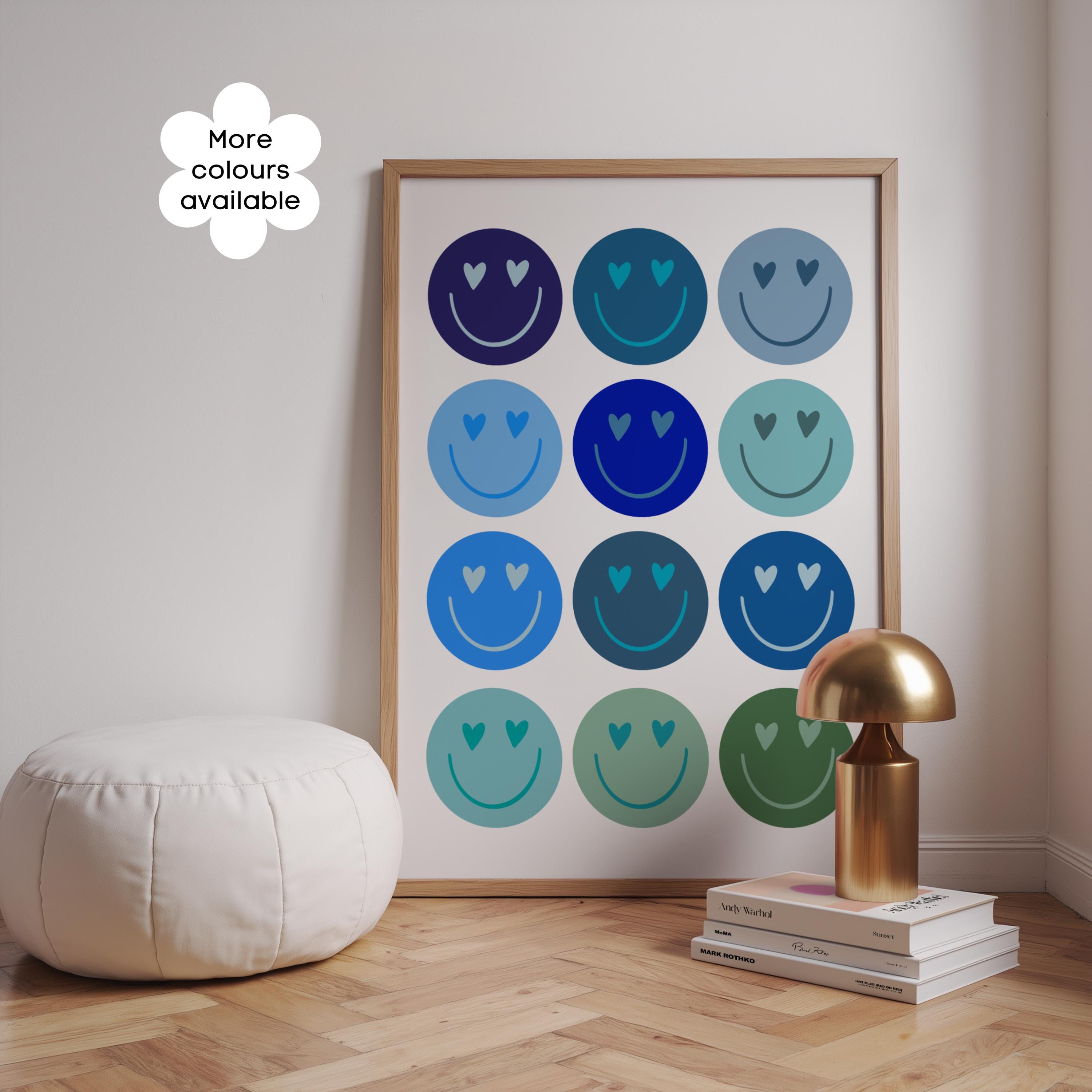 Blue Happy Face Print, Retro Happy Face Printable, Colourful Happy Face ...