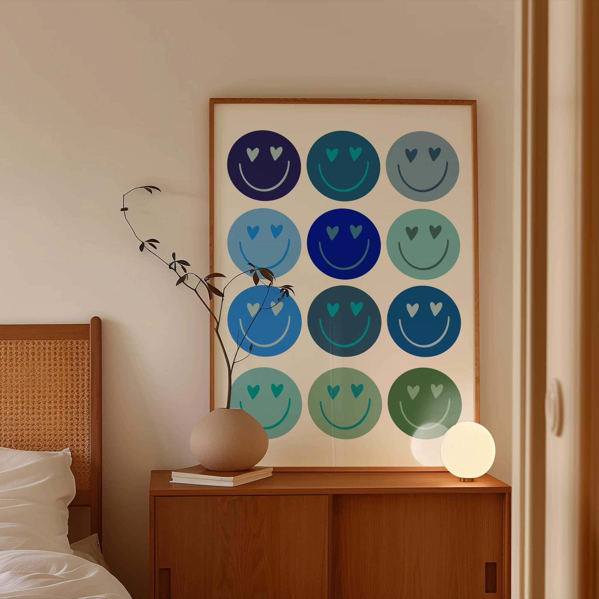 Blue Happy Face Print, Retro Happy Face Printable, Colourful Happy Face ...