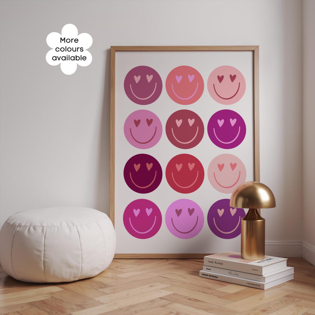 Pink Happy Face Print, Retro Happy Face Printable, Colourful Happy Face ...
