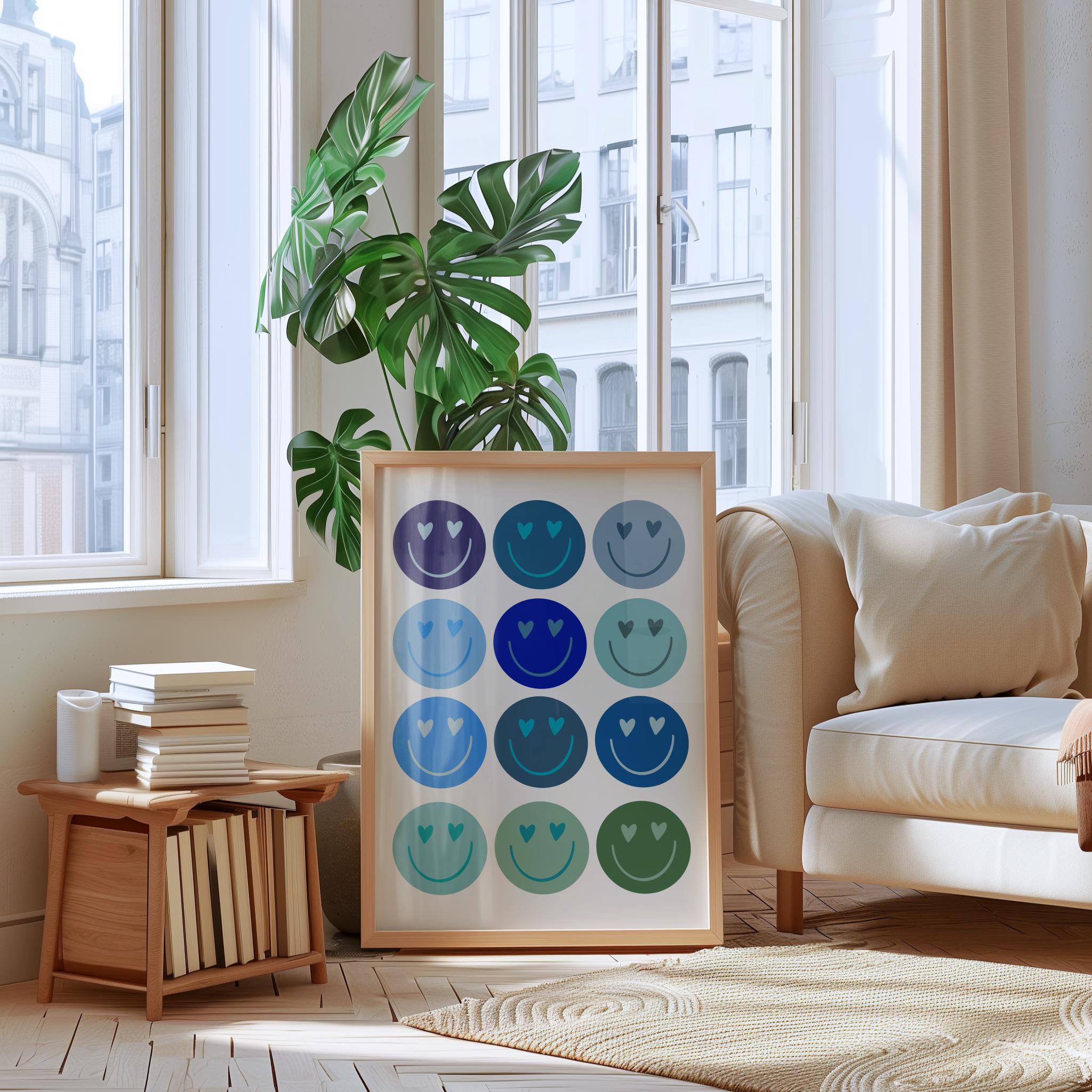 Blue Happy Face Print, Retro Happy Face Printable, Colourful Happy Face ...