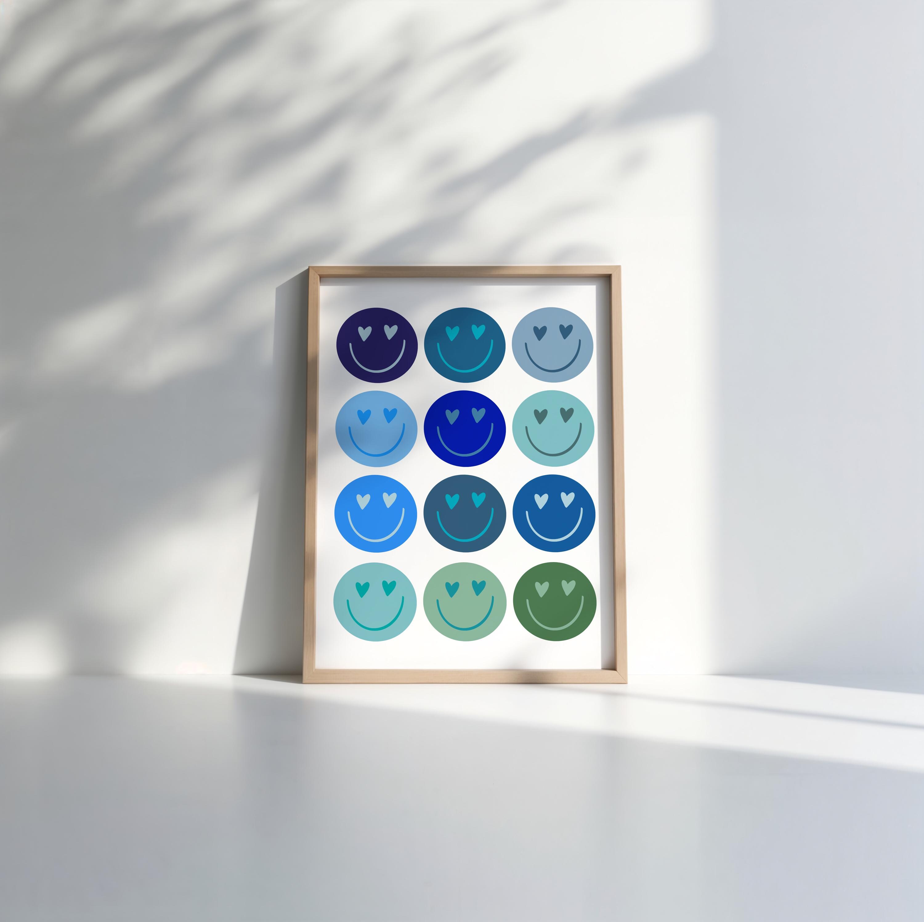 Blue Happy Face Print, Retro Happy Face Printable, Colourful Happy Face ...