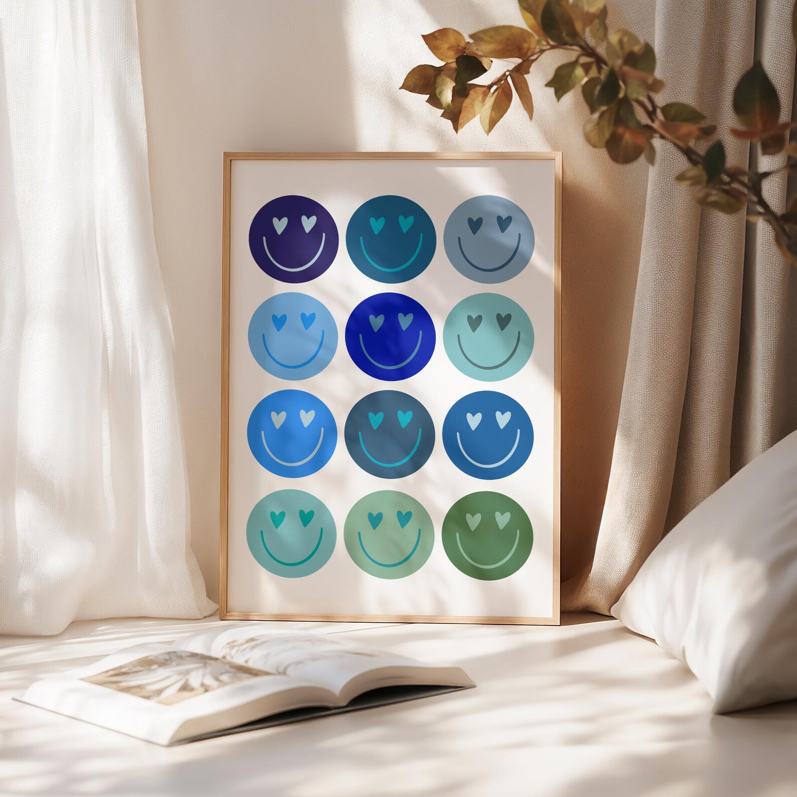 Blue Happy Face Print, Retro Happy Face Printable, Colourful Happy Face ...