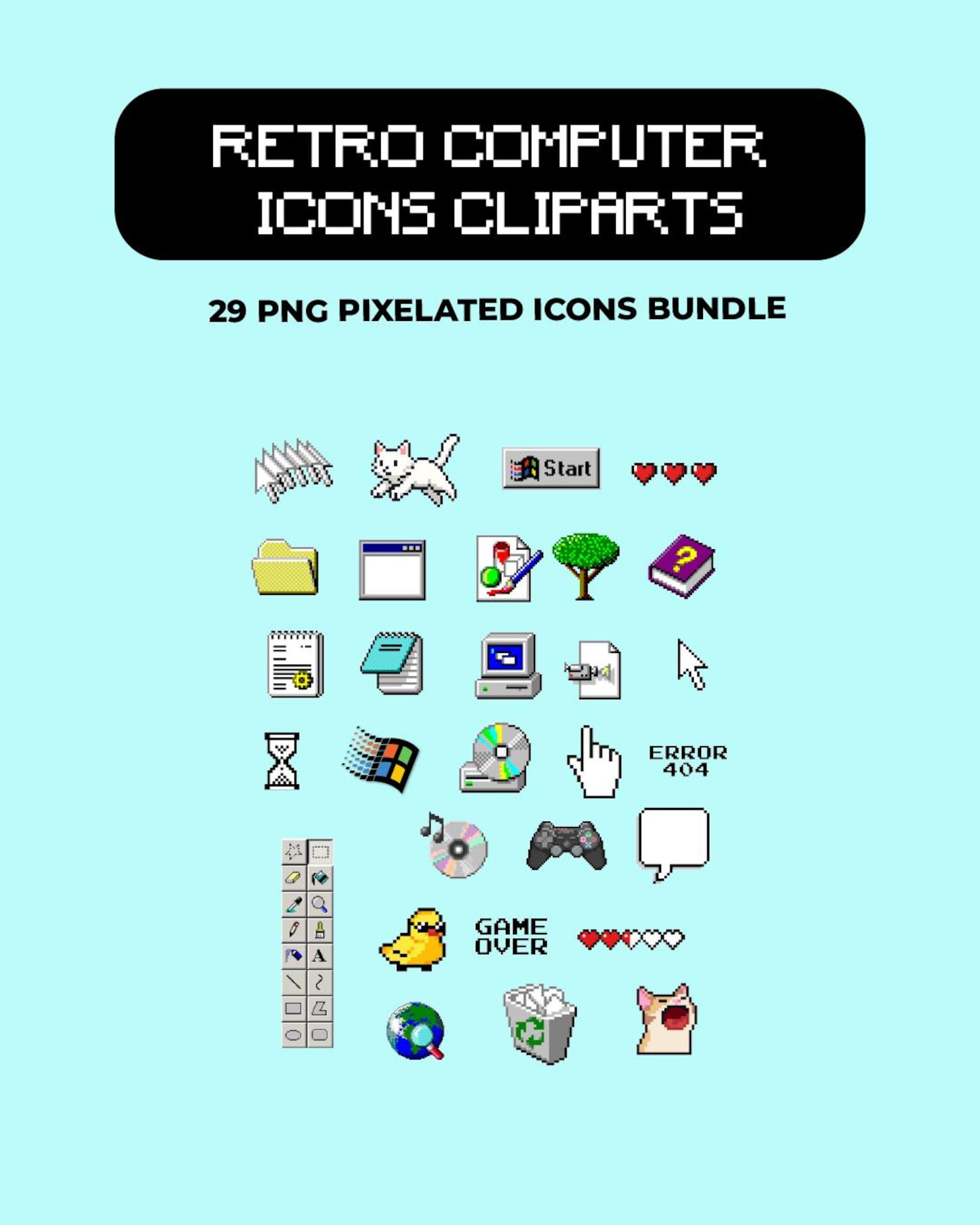 Y2K Pixel Art Clipart Bundle, Retro Computer Icons, Windowns 95 Digital ...