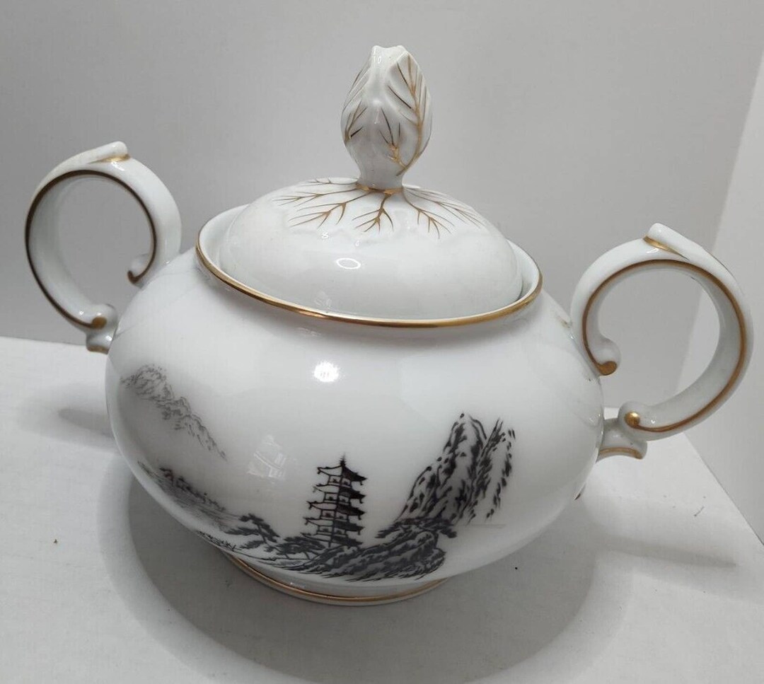 Rare Kutani China White Sugar Bowl Hand Painted Gold Trim Flower Top ...