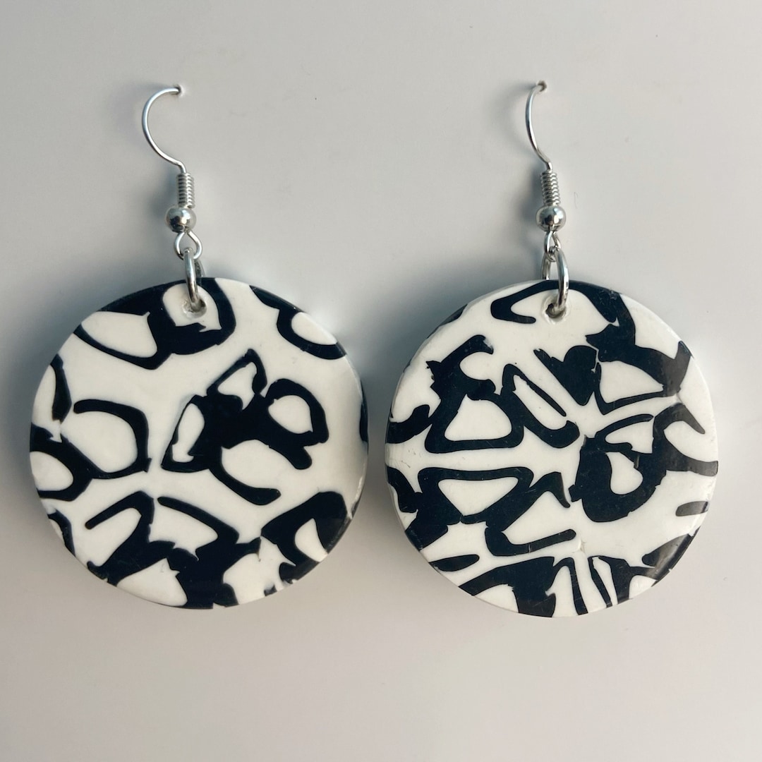 Handmade Black and White Mottled Polymer Clay Large Dangle Earrings - Etsy