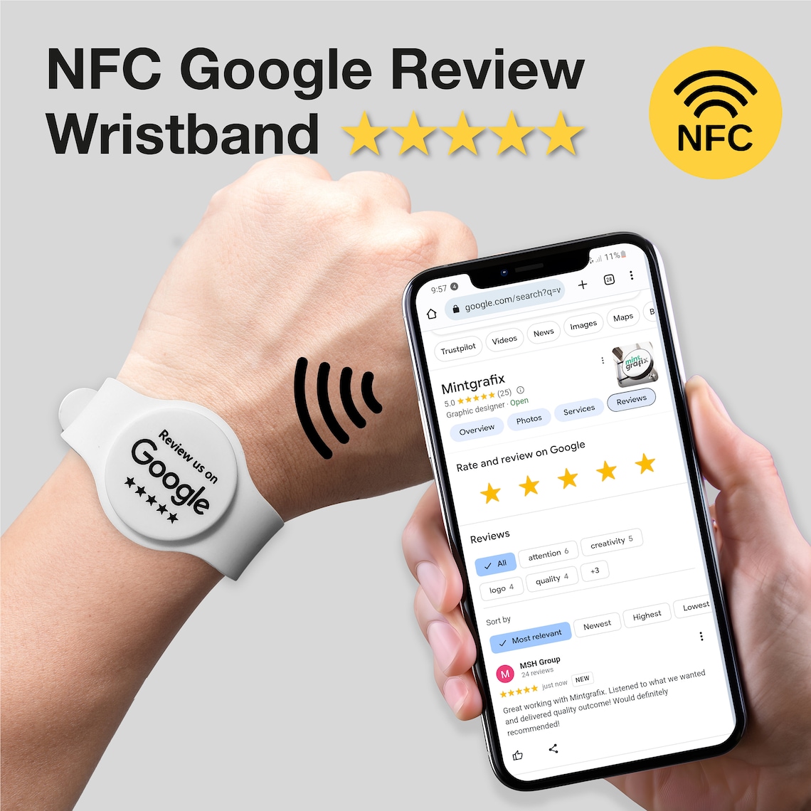 White Google Review NFC Wristband, Bracelet, Watch Strap, Boost Your ...