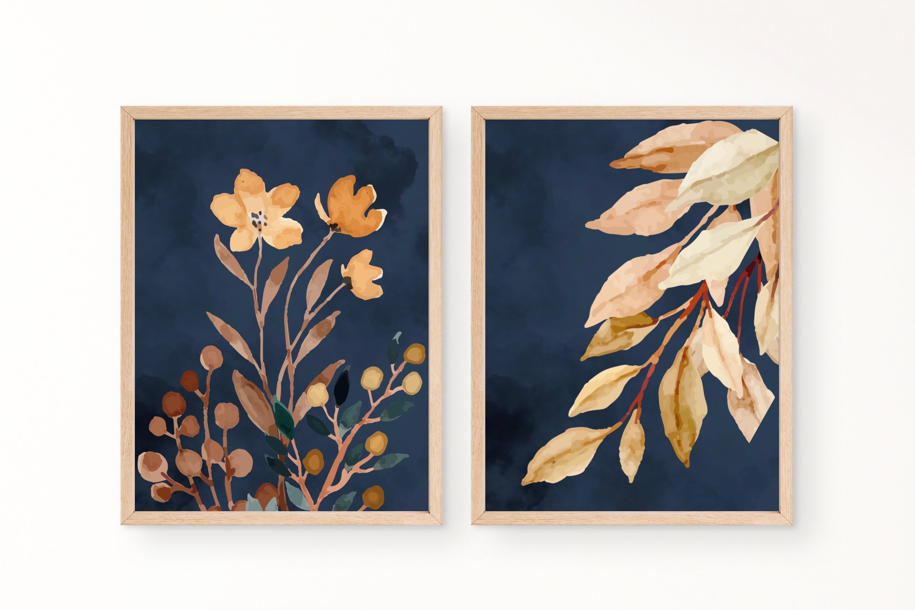 Set of 2 Navy Botanical Printable Wall Art Botanical Leaves Neutral ...