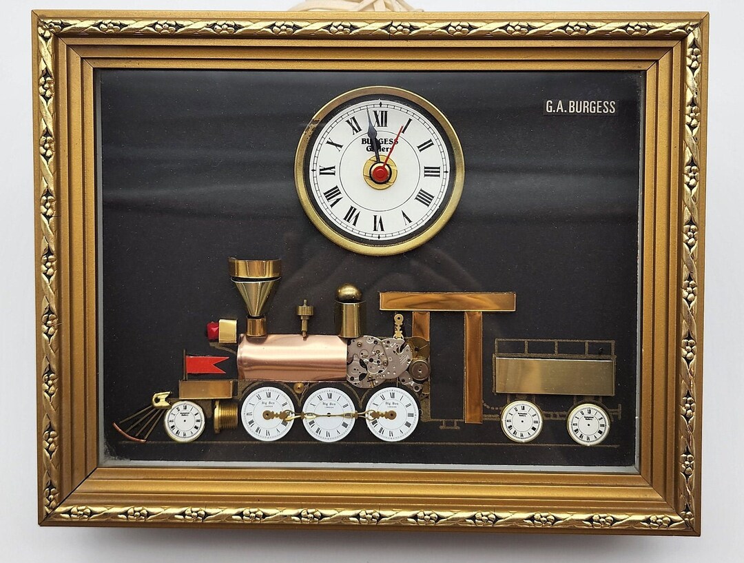 G.A Burgess Horological Train Watch and Clock Art Collage in Shadow Box ...
