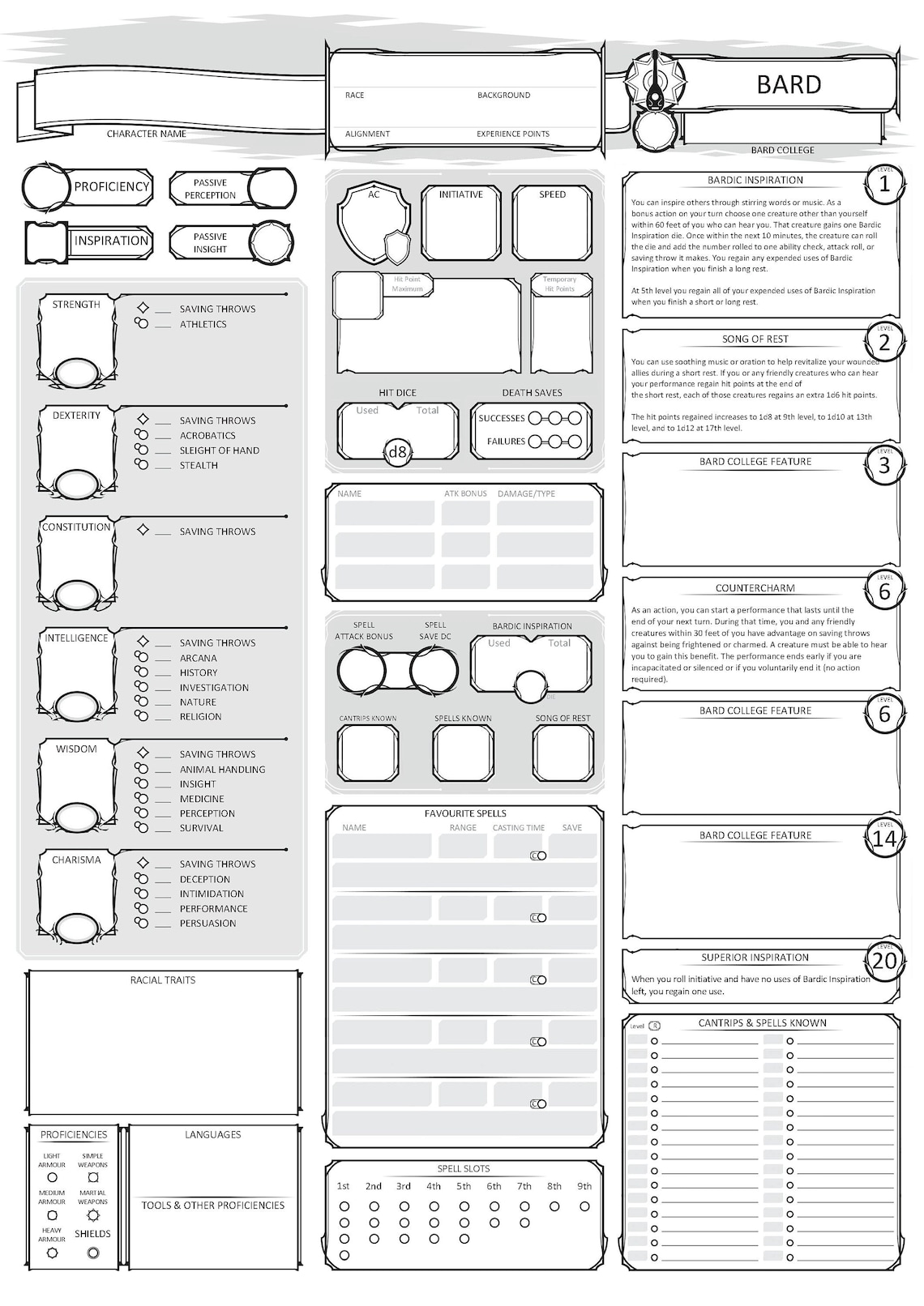 Bard Character Sheet D&D 5e PDF Fillable and Printable - Etsy Canada Bard Character Sheet D&D 5e PDF Fillable and Printable - Etsy Canada