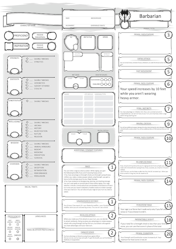 Barbarian Character Sheet D&D 5e PDF Fillable and Printable - Etsy Australia