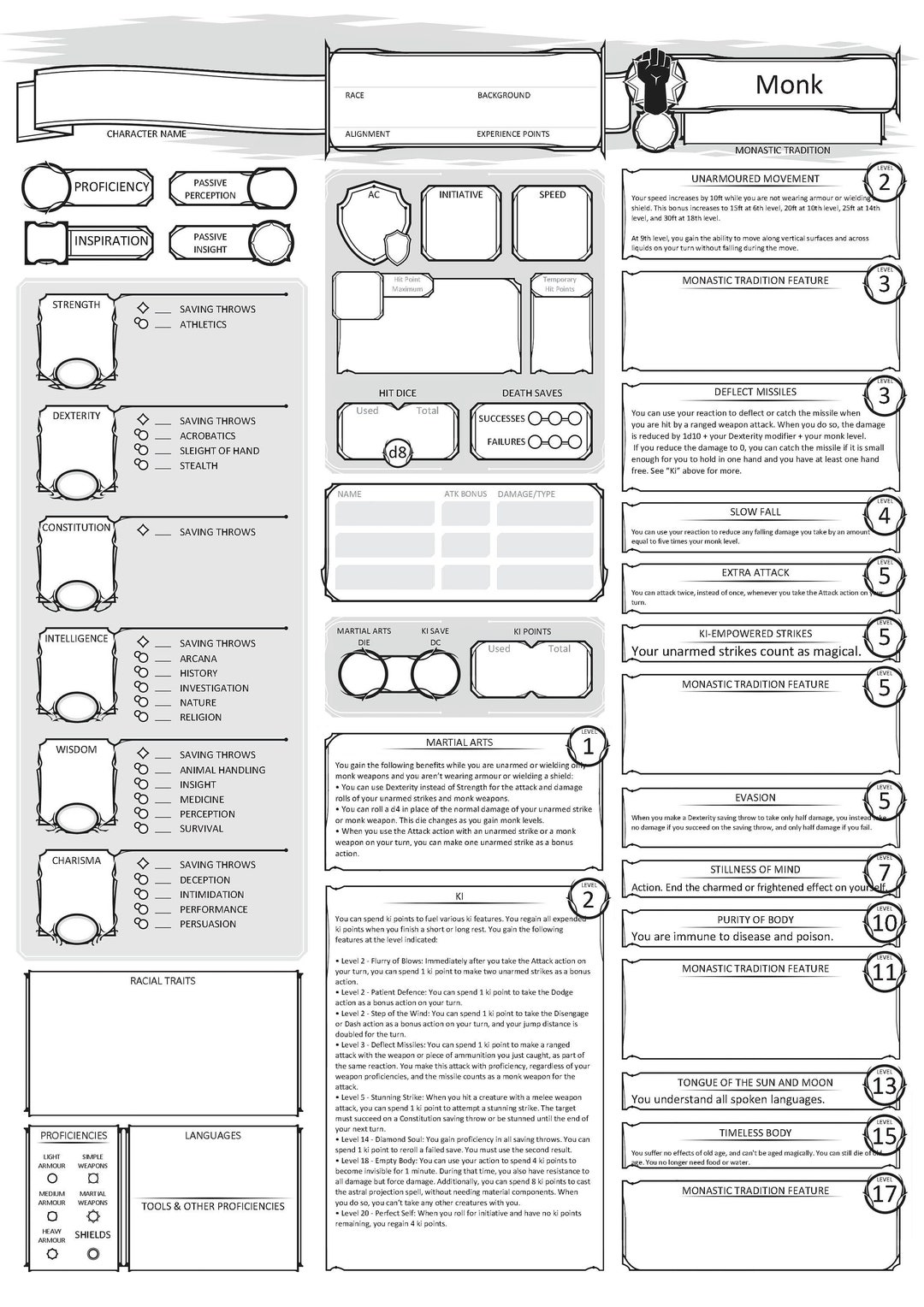 Monk Character Sheet D&D 5e PDF Fillable and Printable - Etsy Ireland