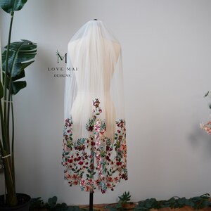 Maeve - Jewel Tone Flower Veil, Embroidered Flower Veil, Floral Wedding ...