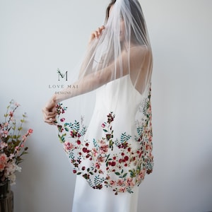 Maeve - Jewel Tone Flower Veil, Embroidered Flower Veil, Floral Wedding ...