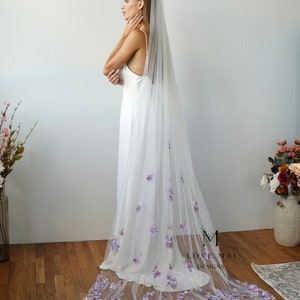 Lavender Floral Embroidery Bridal Veil - Unique Colorful Wedding Veil ...