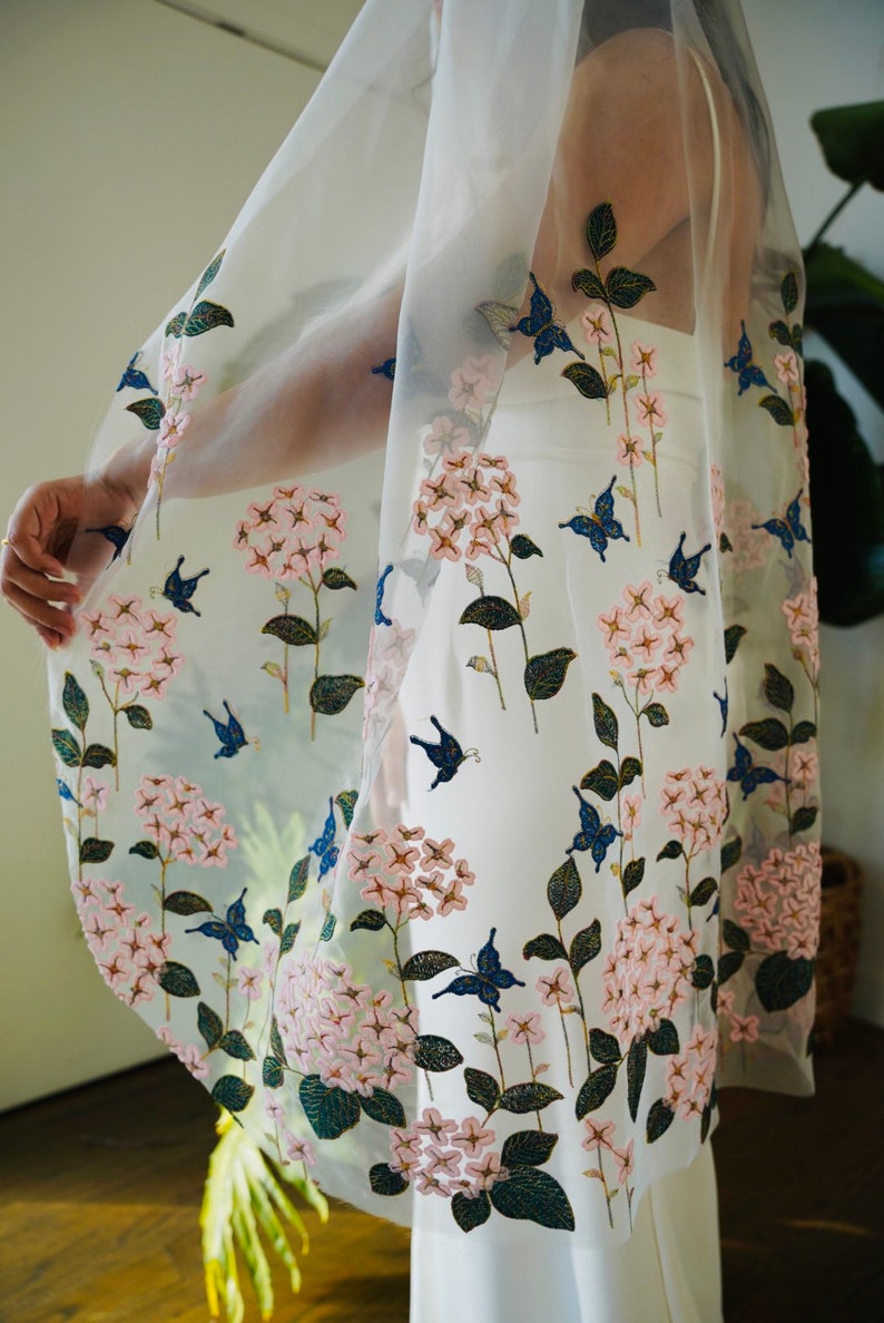 Vanessa Pink Floral Embroidery Bridal Veil Green Wedding - Etsy