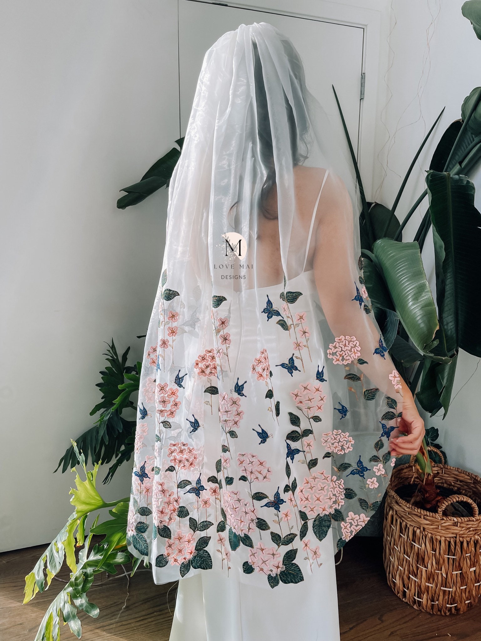 Vanessa Pink Floral Embroidery Bridal Veil Green Wedding - Etsy