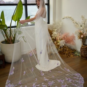 Lavender Floral Embroidery Bridal Veil Lavender Wedding - Etsy