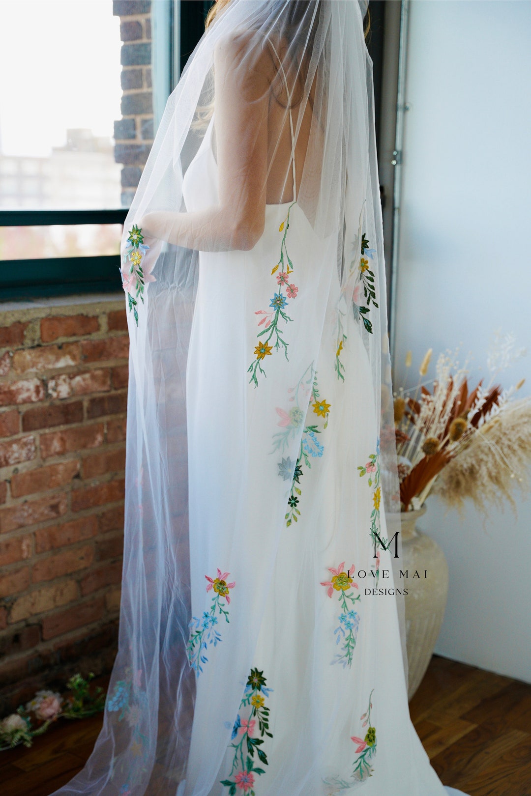 Stella - Pink and Blue Colorful Floral Embroidery Bridal Veil , Wedding ...