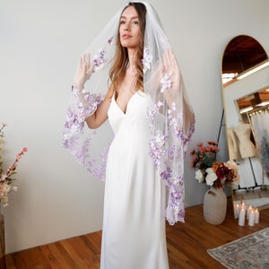 Lavender Floral Embroidery Bridal Veil, Lavender Wedding, Unique ...