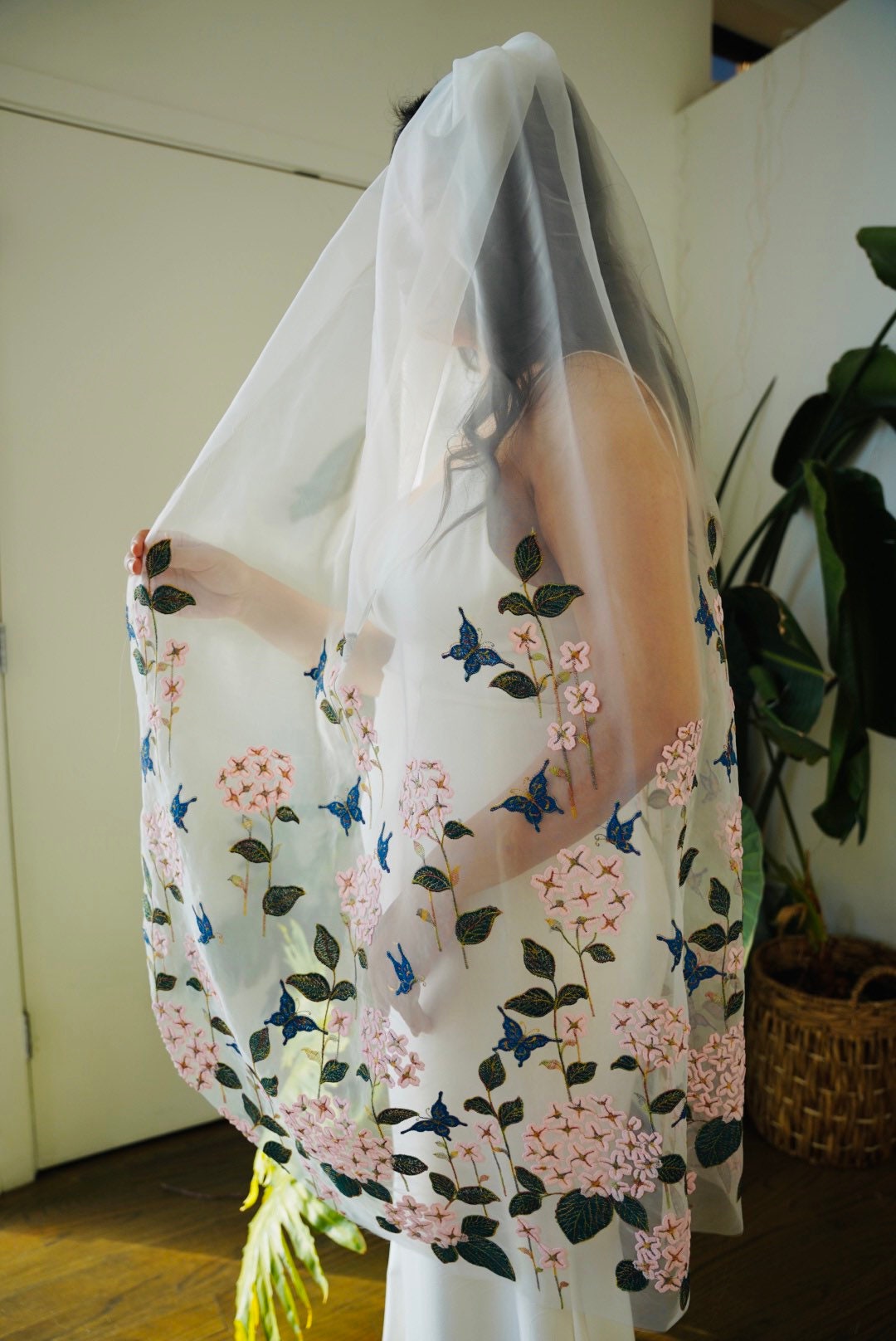 Vanessa Pink Floral Embroidery Bridal Veil Green Wedding - Etsy
