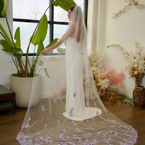 Lavender Floral Embroidery Bridal Veil Lavender Wedding - Etsy