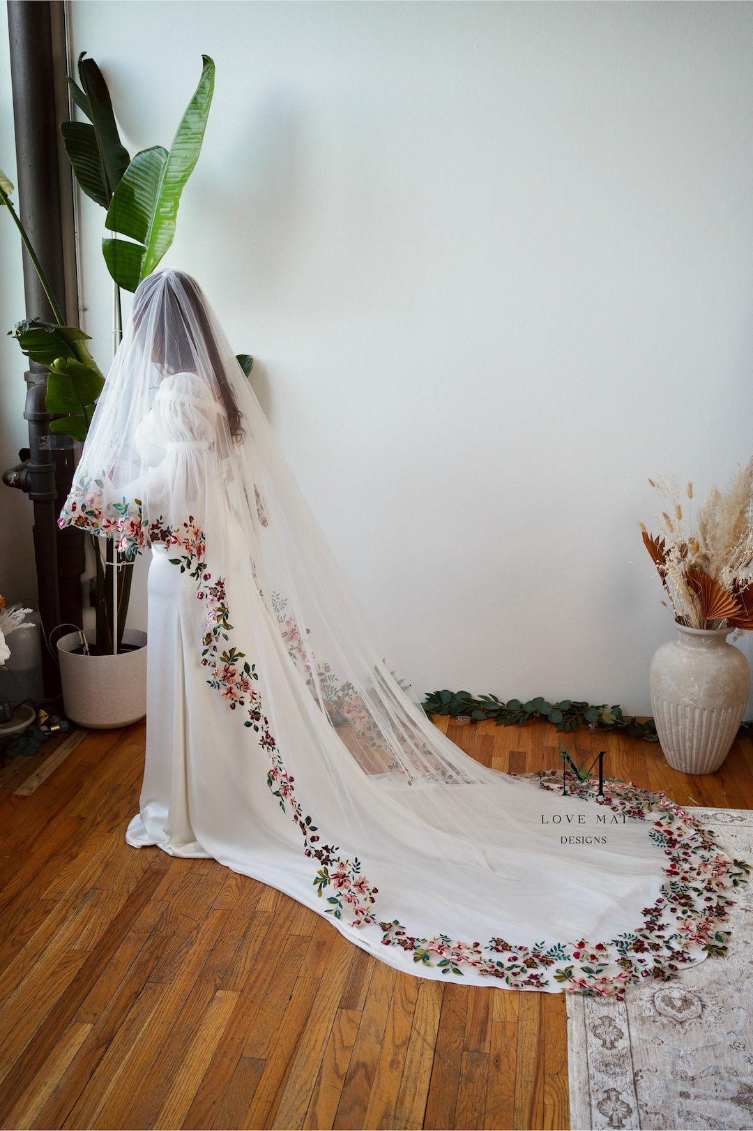 Maeve Blusher - Jewel Tone Flower Veil, Embroidered Flower Veil, Floral ...