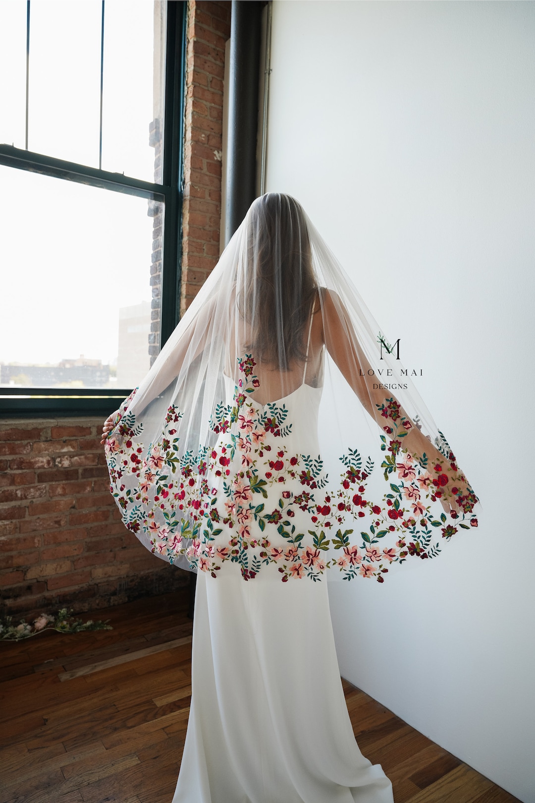 Maeve - Jewel Tone Flower Veil, Embroidered Flower Veil, Floral Wedding ...