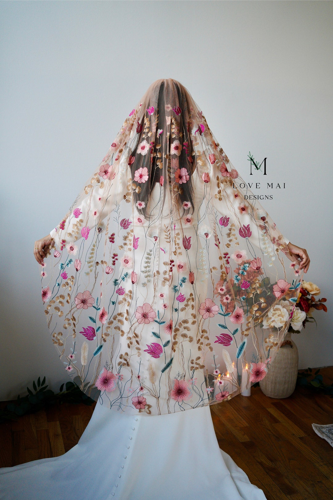 Floral Embroidery Wedding Veil: Pink Flower Lace, Colorful Bridal Veil ...