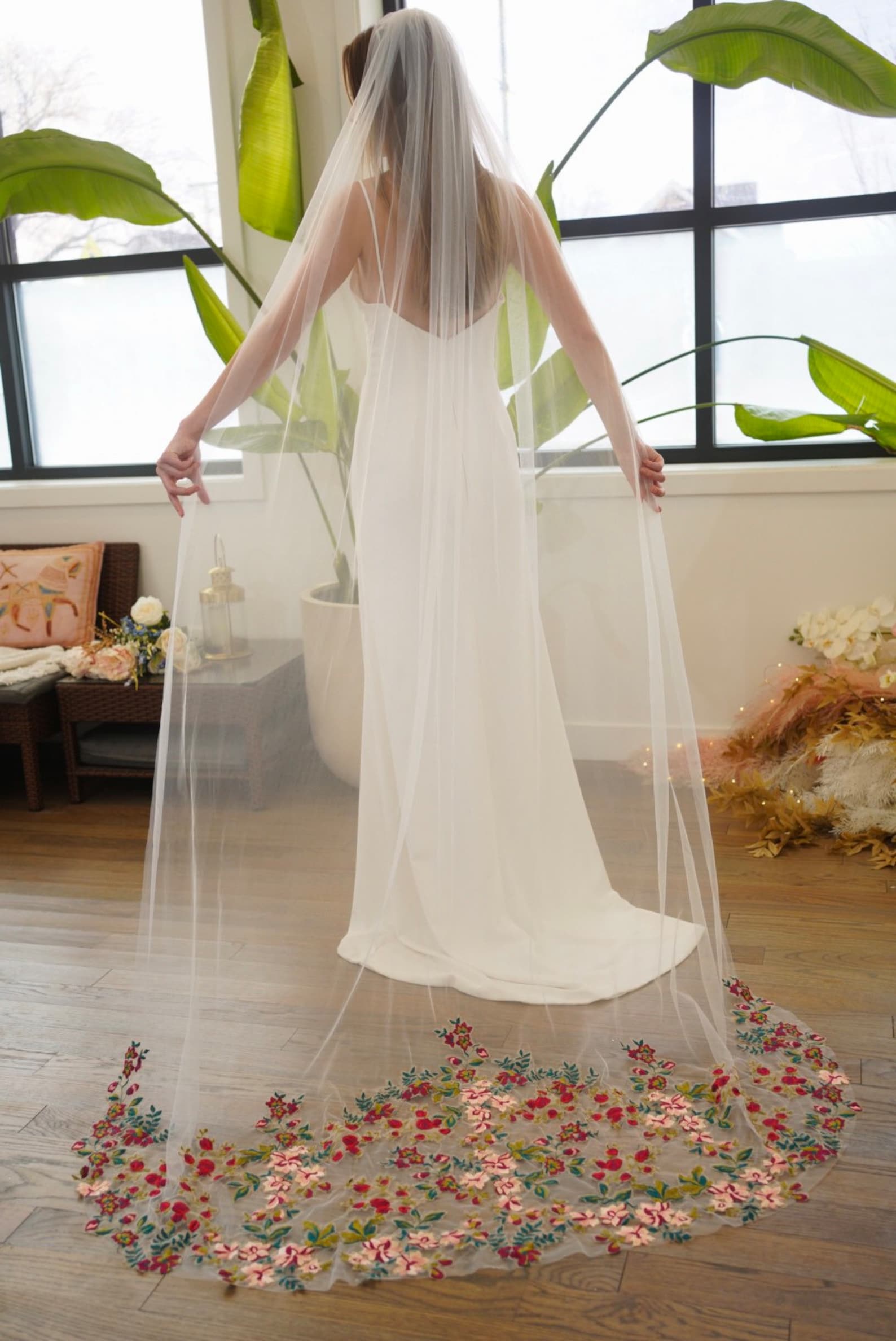 Maeve Jewel Tone Flower Veil Embroidered Flower Veil - Etsy