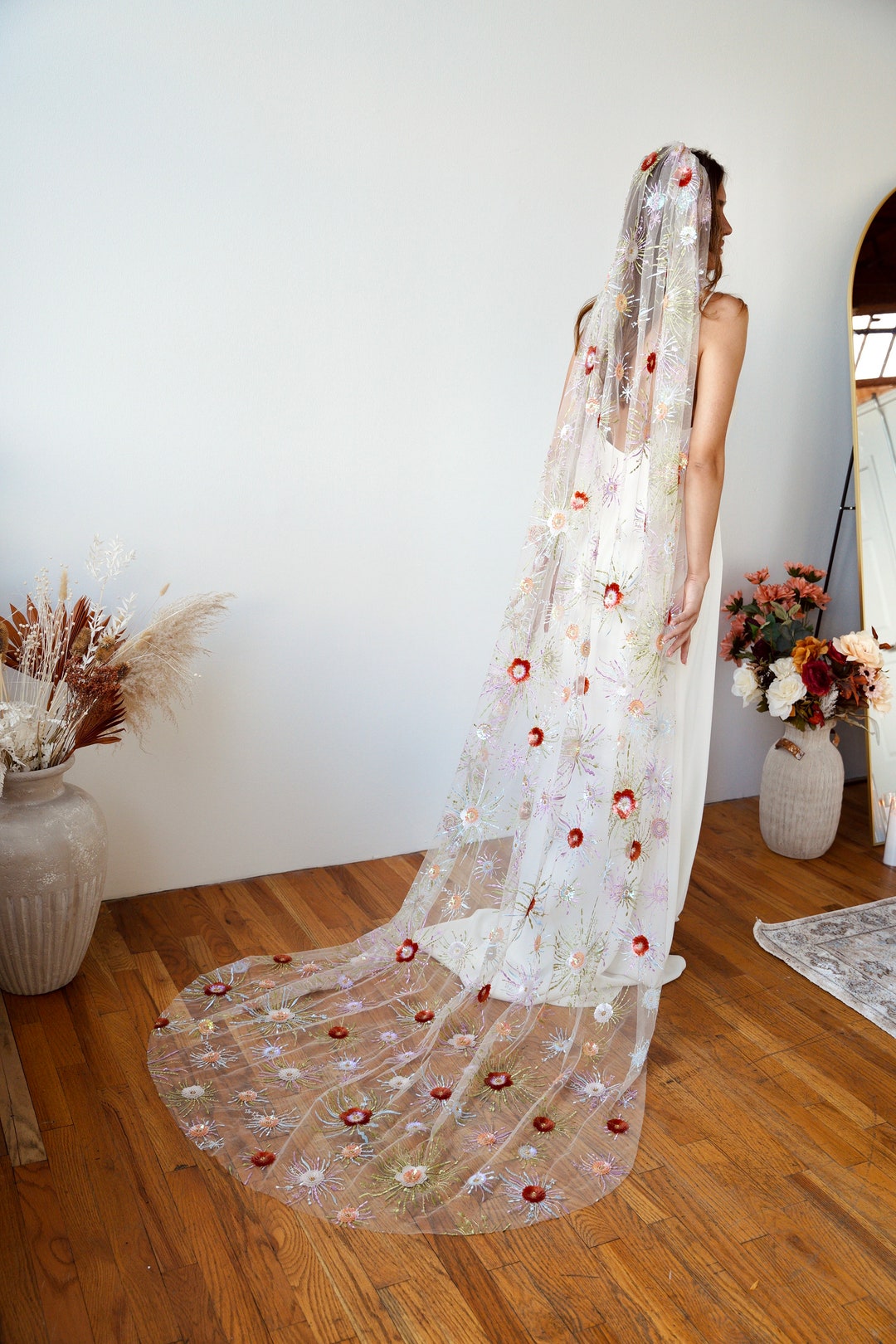 Ava 3D Flower Bridal Veil, Sequins Beaded Lace With 3D Flowers Veil ...