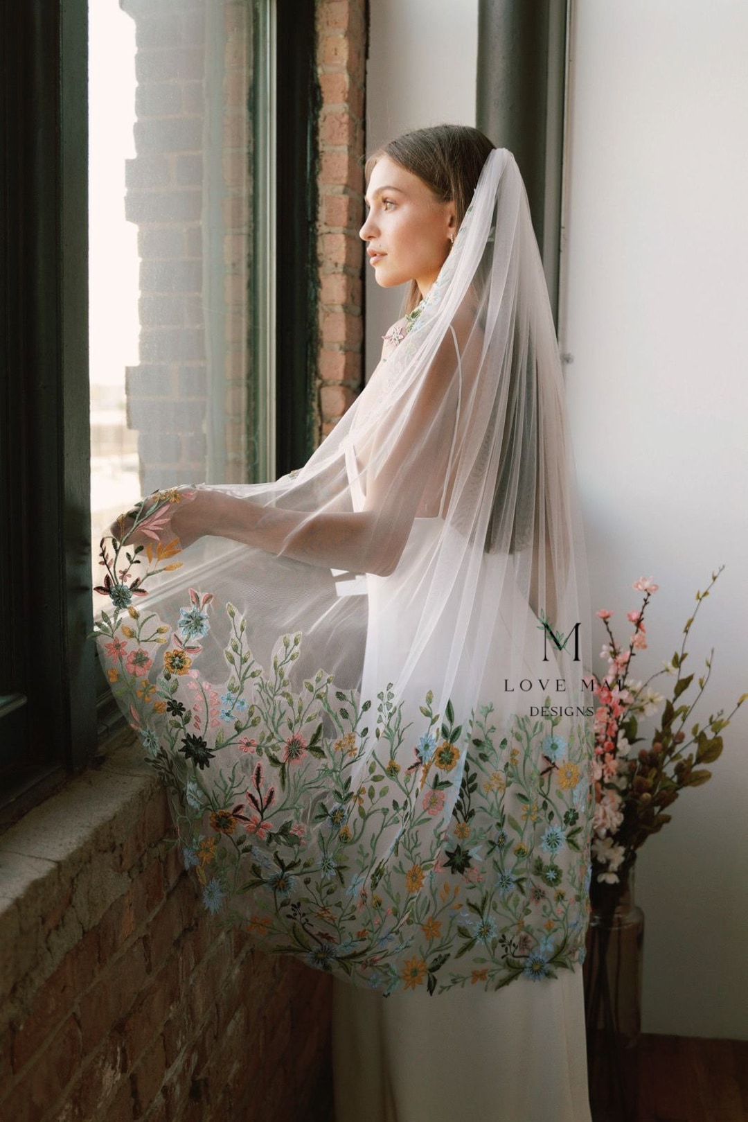 Floral Embroidery Bridal Veil: Colorful Flower Lace Applique, Green ...
