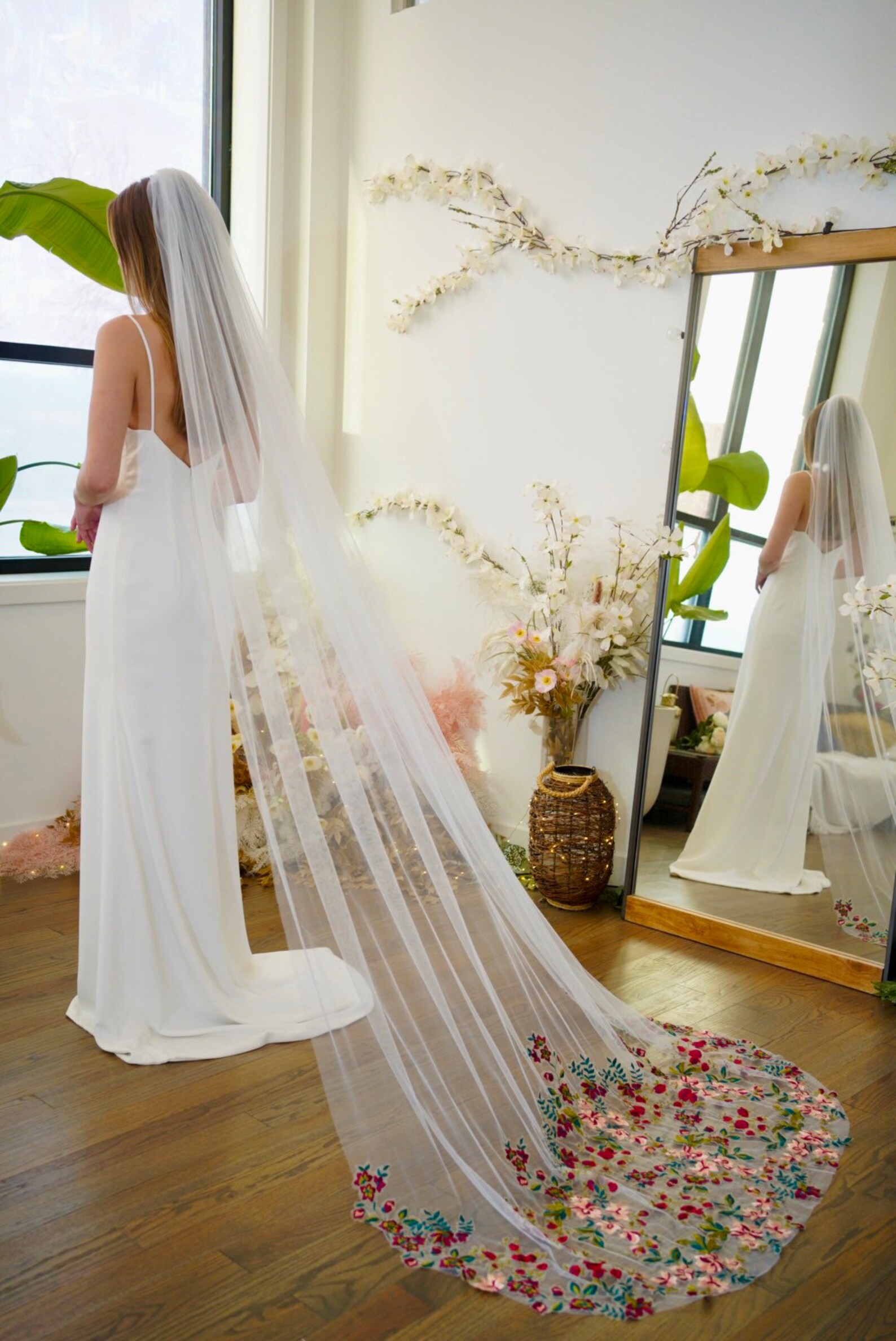 Maeve Jewel Tone Flower Veil Embroidered Flower Veil - Etsy