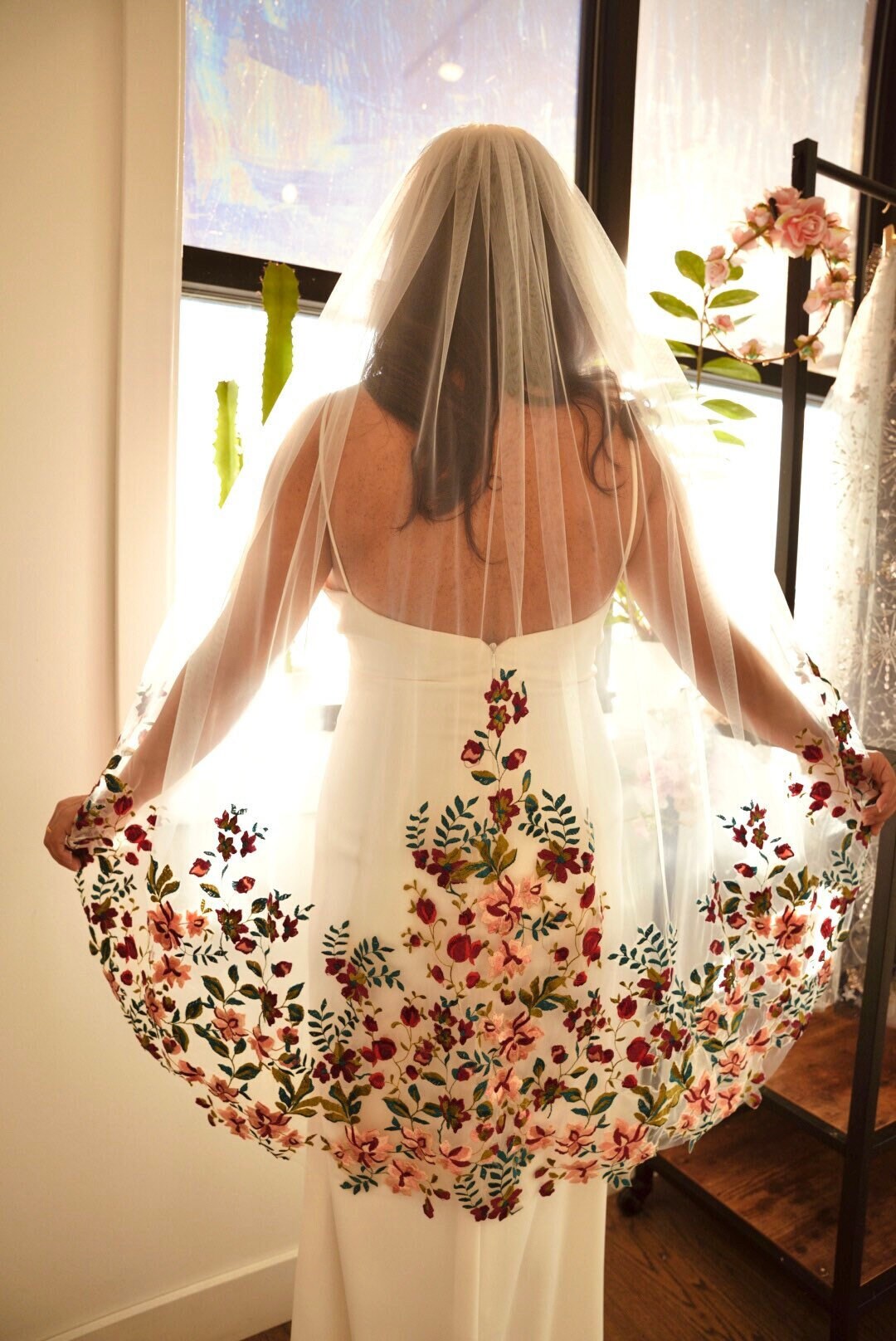 Maeve - Jewel Tone Flower Veil, Embroidered Flower Veil, Floral Wedding ...