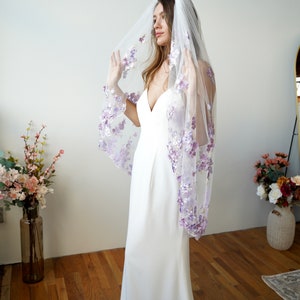 Lavender Floral Embroidery Bridal Veil, Lavender Wedding, Unique ...