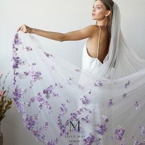 Lavender Floral Embroidery Bridal Veil, Lavender Wedding, Unique ...