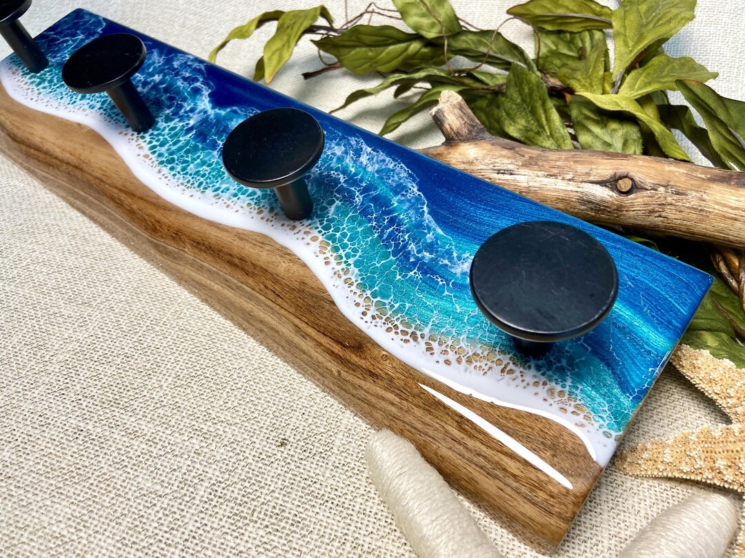 Coastal Wooden Wall Hooks: Epoxy Resin Wave Coat Rack - Etsy