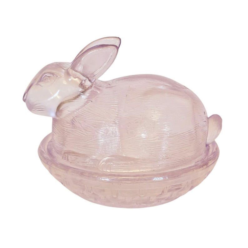 LE Smith Pale Pink Bunny Rabbit on Nest Glass Candy Dish Trinket Box 4. ...
