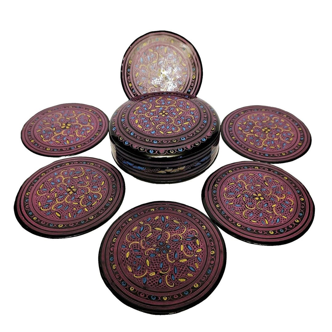 Vintage Round Black Lacquer Box W Lid & Set of 6 Coasters Purple Gold 4 ...