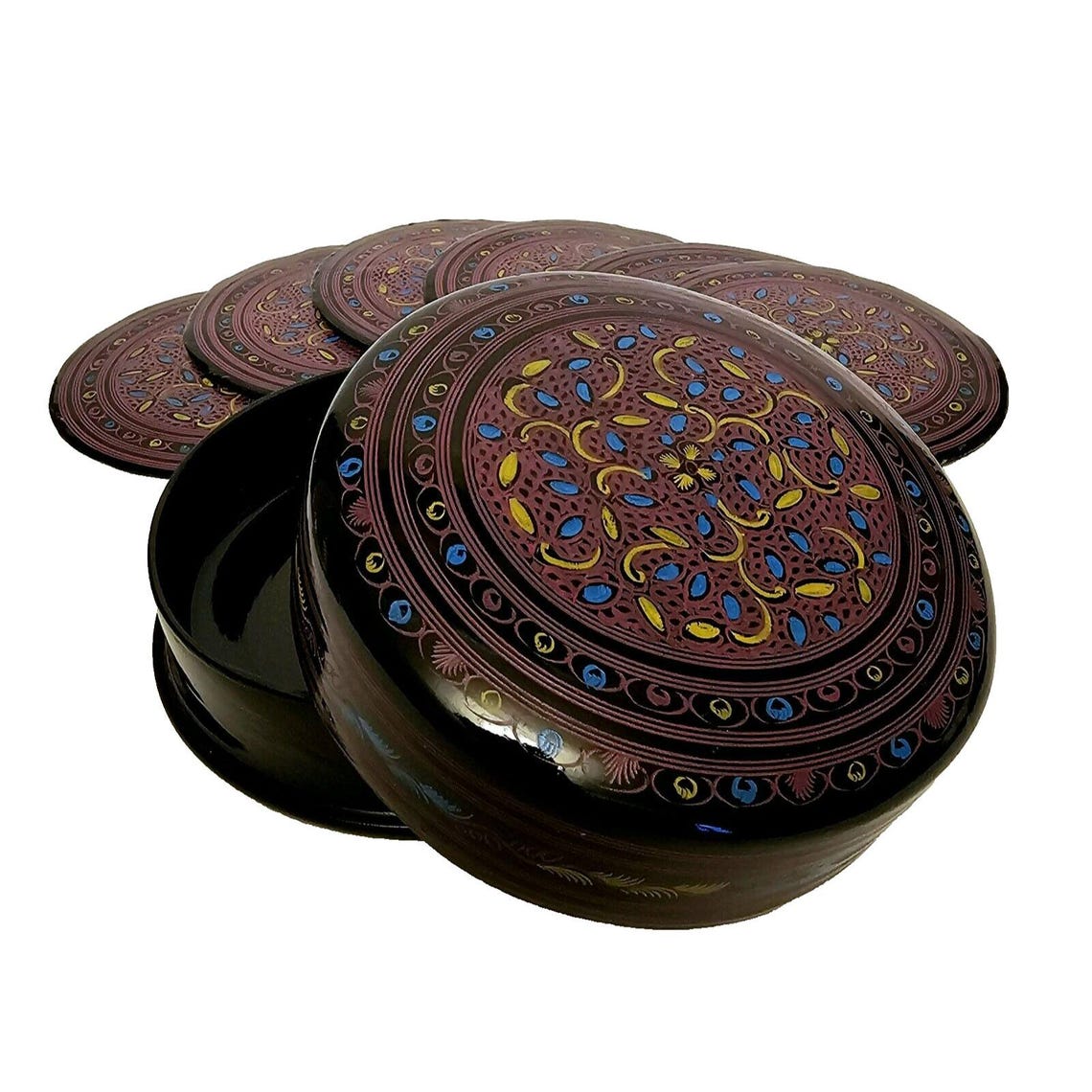 Vintage Round Black Lacquer Box W Lid & Set of 6 Coasters Purple Gold 4 ...