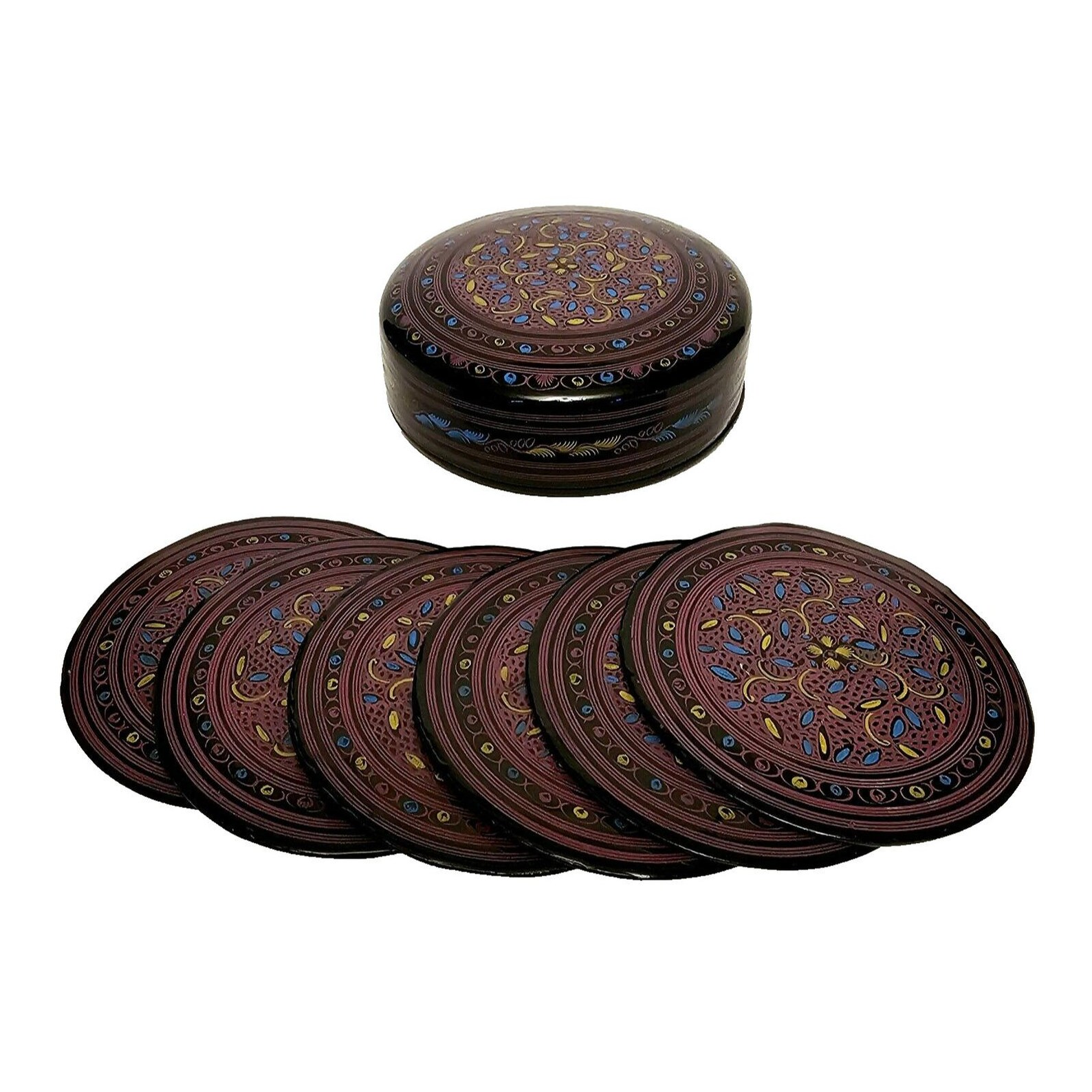 Vintage Round Black Lacquer Box W Lid & Set of 6 Coasters Purple Gold 4 ...