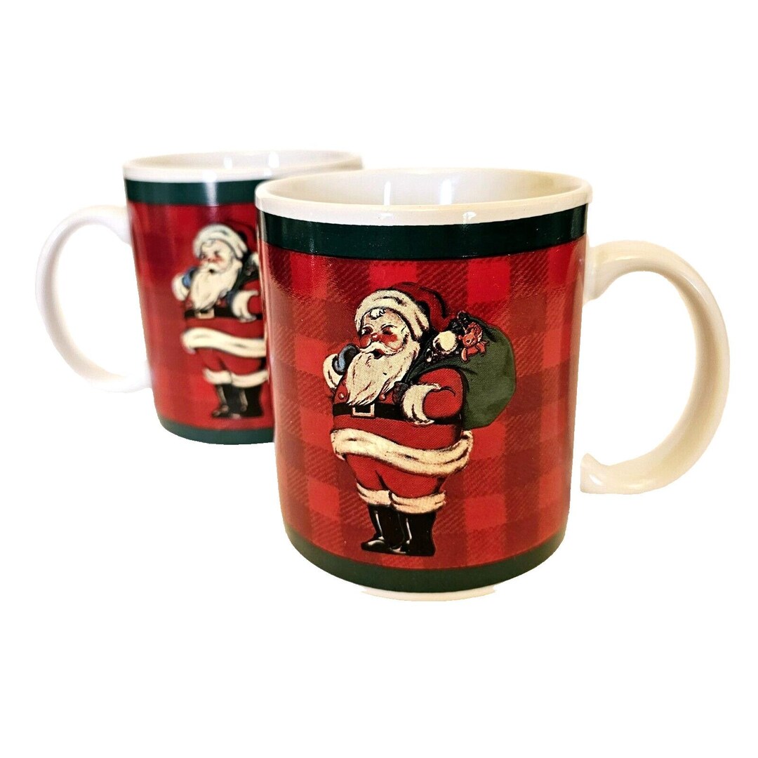 2 Vintage Hallmark "santa Claus" Holiday Mugs Stoneware Red Plaid 4 ...
