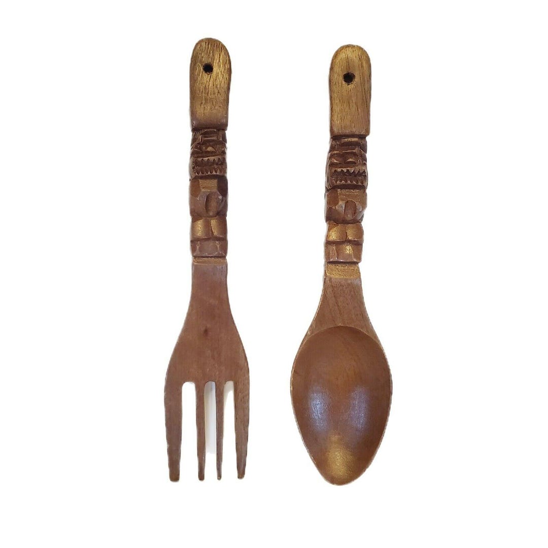 Vintage Tiki Totem Mid Century Spoon Fork Carved Wood Hanging ...
