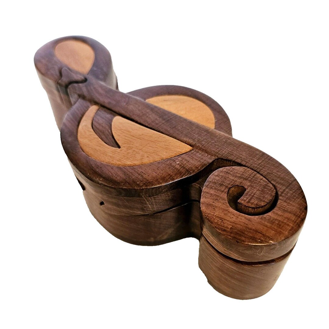 Solid Wood Carved Treble Clef Puzzle Secret Hidden Trinket Box Handmade ...