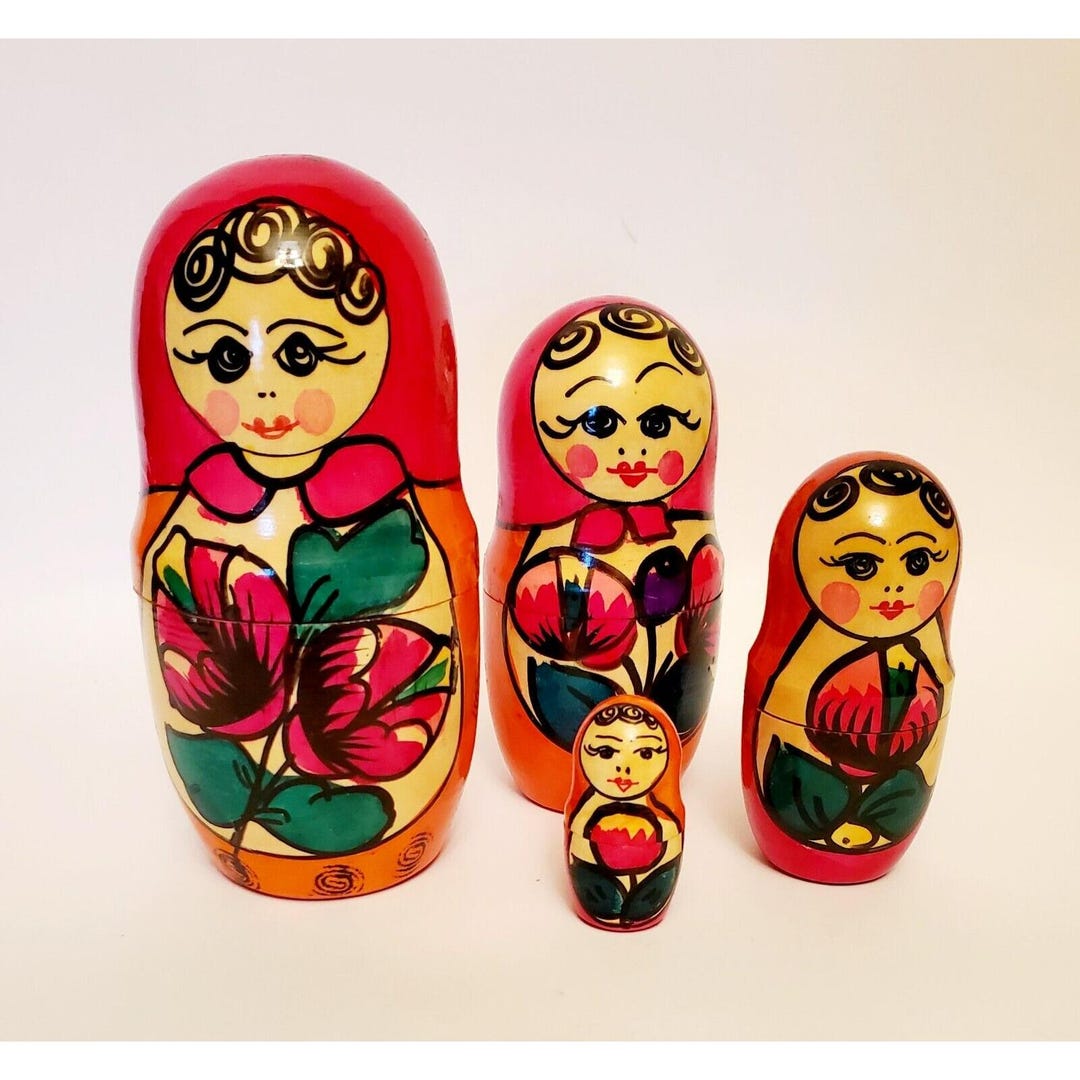 Matryoshka BIG Wooden USSR Russian VINTAGE Nesting 4 Dolls Painted Rare ...