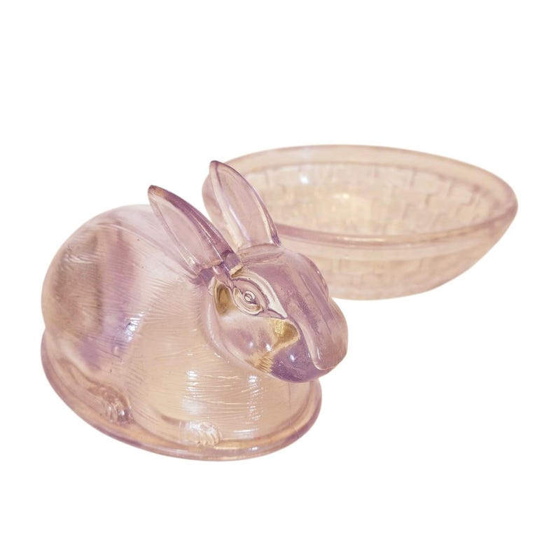 LE Smith Pale Pink Bunny Rabbit on Nest Glass Candy Dish Trinket Box 4. ...
