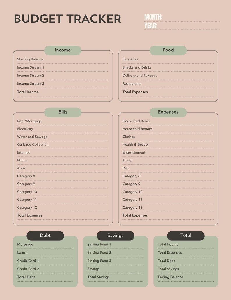 Neutral Color Budget Tracking Sheet | Printable Personal Finance ...