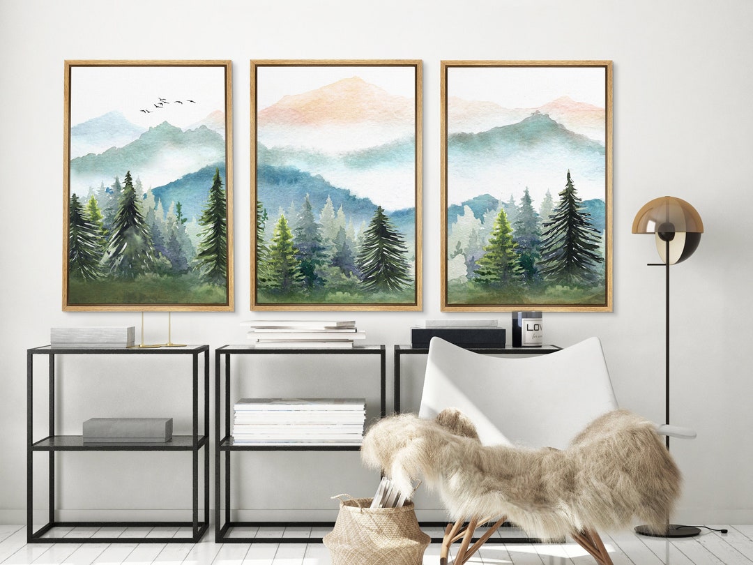Framed Canvas Wall Art Set of 3 Watercolor Green Forest Tree Mountain ...