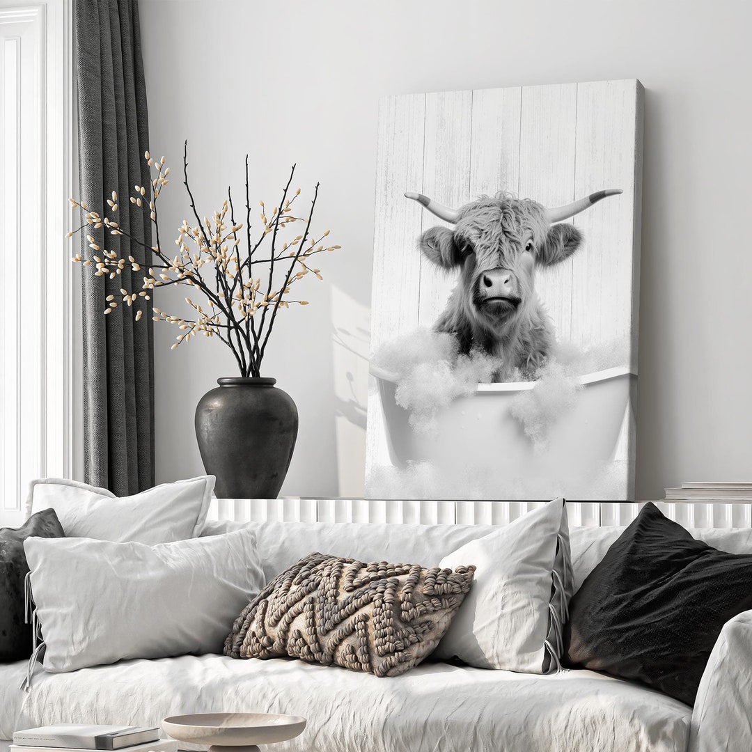 Framed Canvas Wall Art Print Shetland Cow in Bathtub Funny Bathroom ...