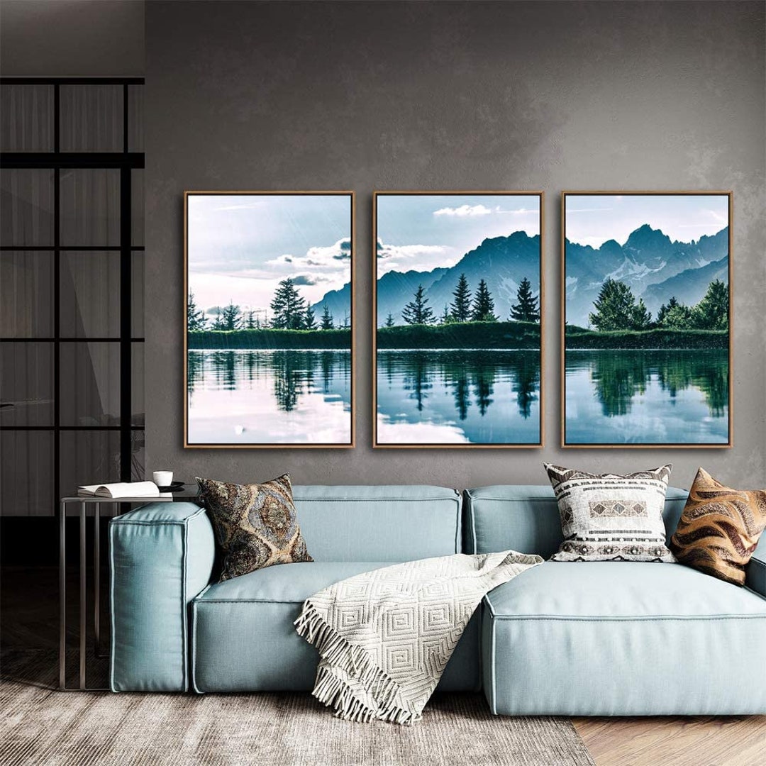 Framed Canvas Wall Art Prints Set of 3 Mountain Lake Landscape ...